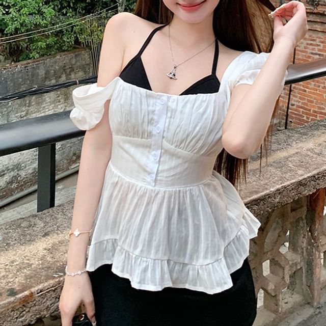 Plain Halter Top / Puff-Sleeve Bow Open Back Peplum Blouse – KawaiiMoriStore