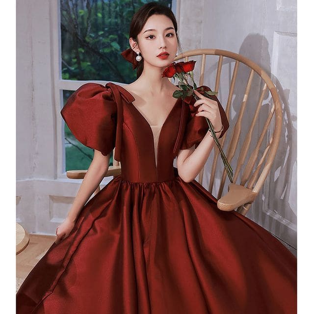 Puff-Sleeve Mesh Panel Plain A-Line Evening Gown – KawaiiMoriStore