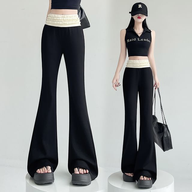 High Rise Two Tone Frill Trim Flared Pants (Various Designs ...