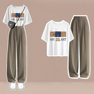 Cartoon Print T-Shirt High Waist Wide Leg Pants – KawaiiMoriStore