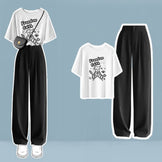 Cartoon Print T-Shirt High Waist Wide Leg Pants – KawaiiMoriStore