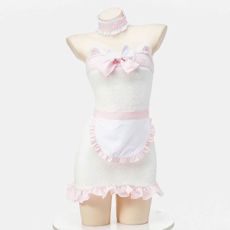 Pink Bow Knot Fuzzy Maid Apron Dress Lingerie – KawaiiMoriStore