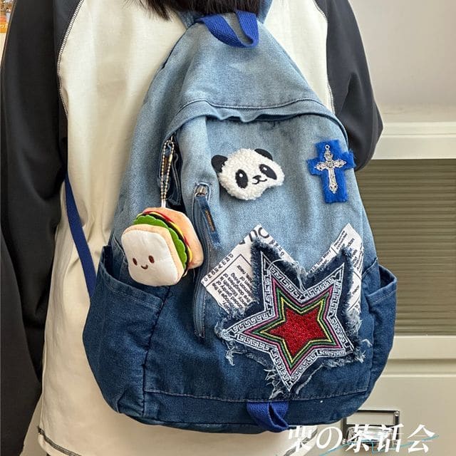 Star Applique Washed Paneled Denim Backpack – KawaiiMoriStore