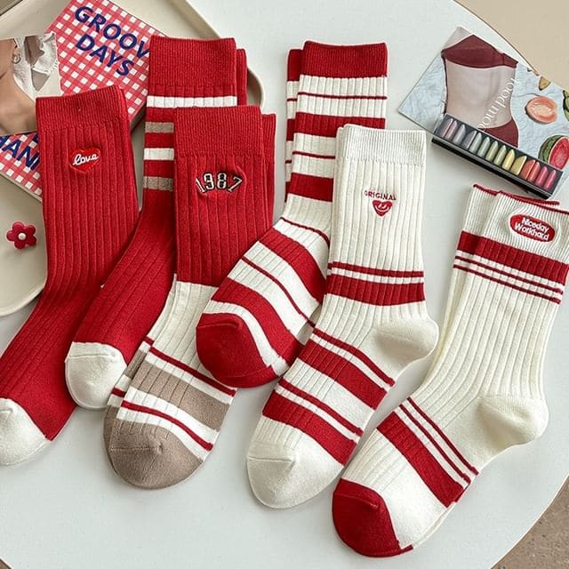 Striped Socks / Letter Embroidered Socks / Set – KawaiiMoriStore